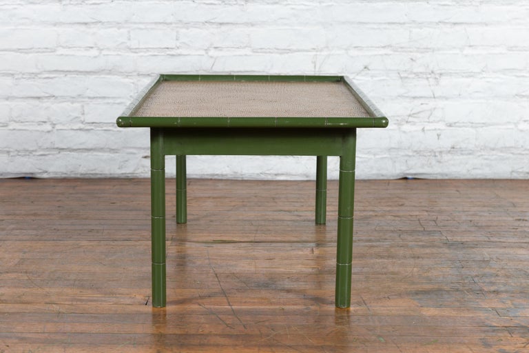 Vintage Thai Green Painted Faux Bamboo Coffee Table with Woven Rattan ...