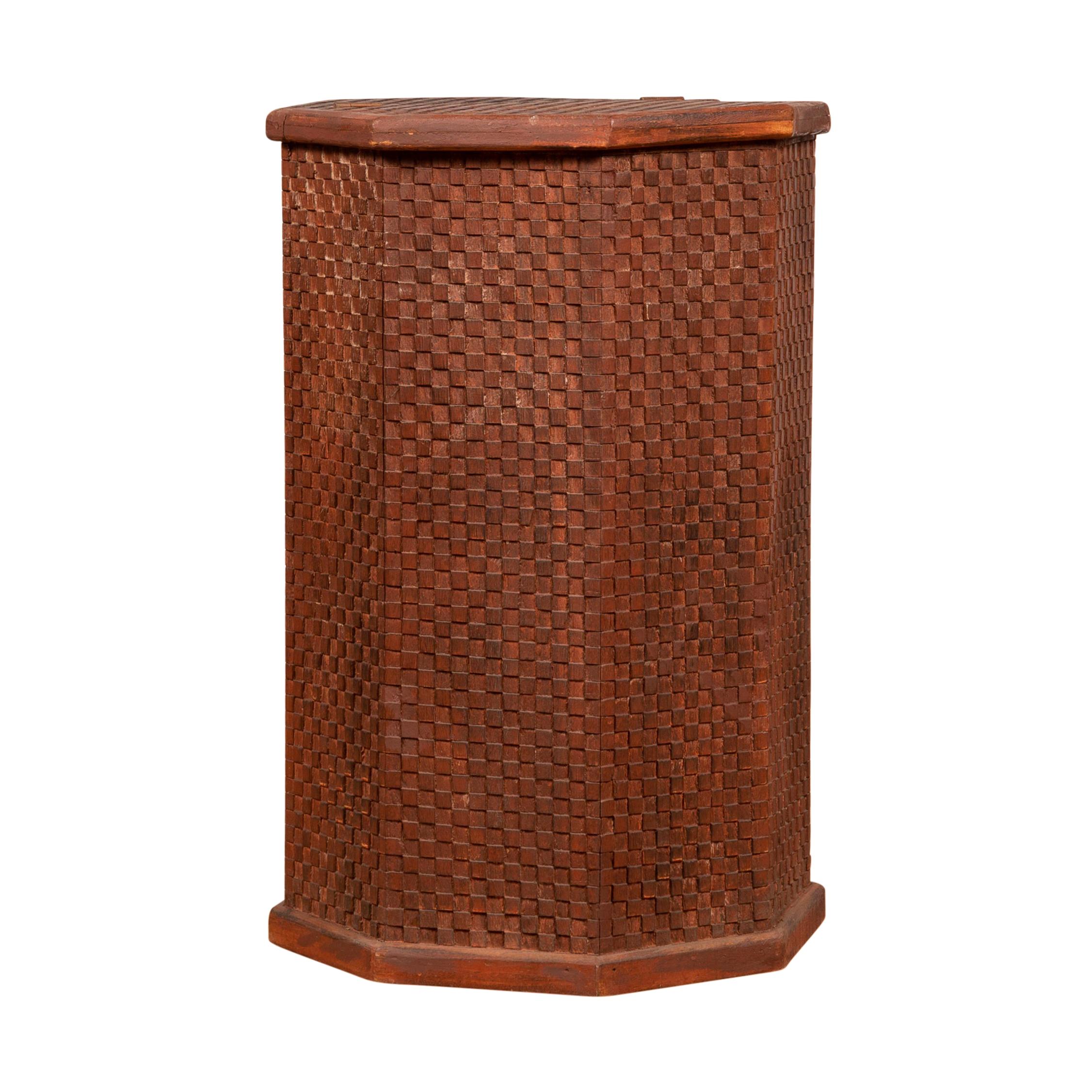 Vintage Thai Hexagonal Wooden Clothes Hamper with Checkered Patterns at ...