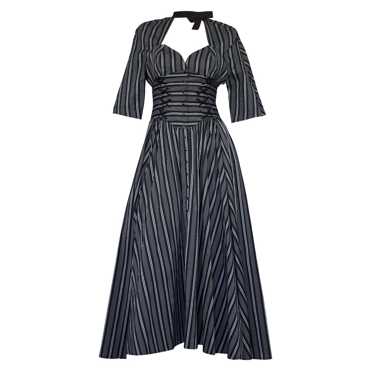 Vintage THIERRY MUGLER Cut Out Bow Neckline Stripe Corset Dress at 1stDibs
