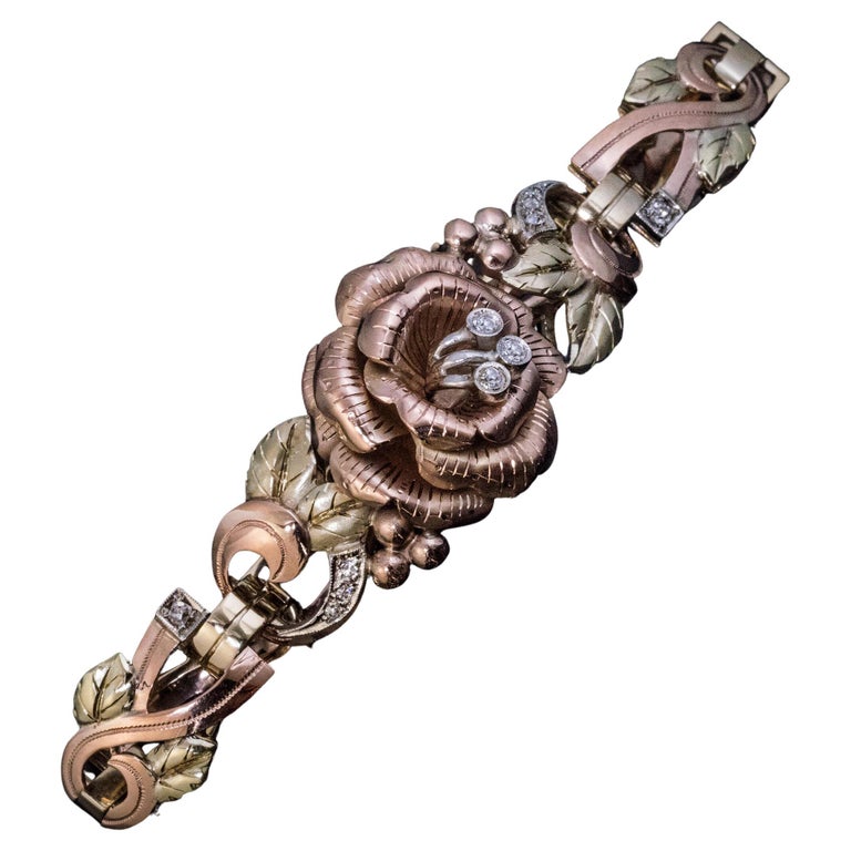 Vintage Three Color Gold Diamond Bracelet For Sale at 1stDibs