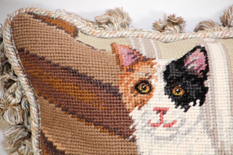 Vintage Throw Decorative Needlepoint Cat Design Pillow For Sale at 1stDibs