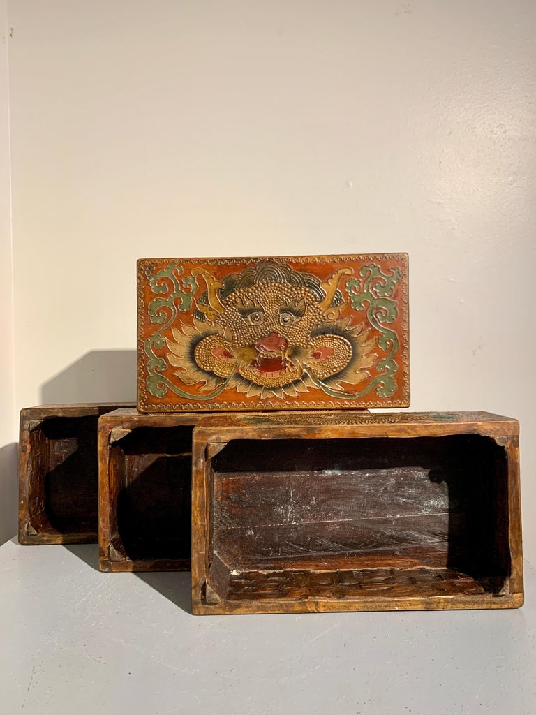 Vintage Tibetan Style Dragon Stacking Picnic Box, Painted Wood, 1990's ...