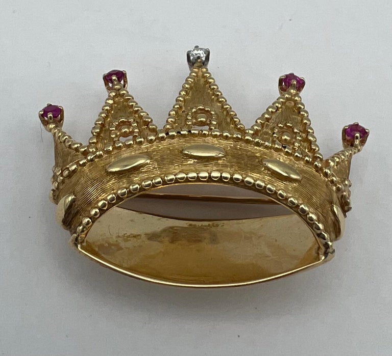 Vintage Tiffany and Co. 14k Gold, Diamond and Ruby Crown Brooch For ...