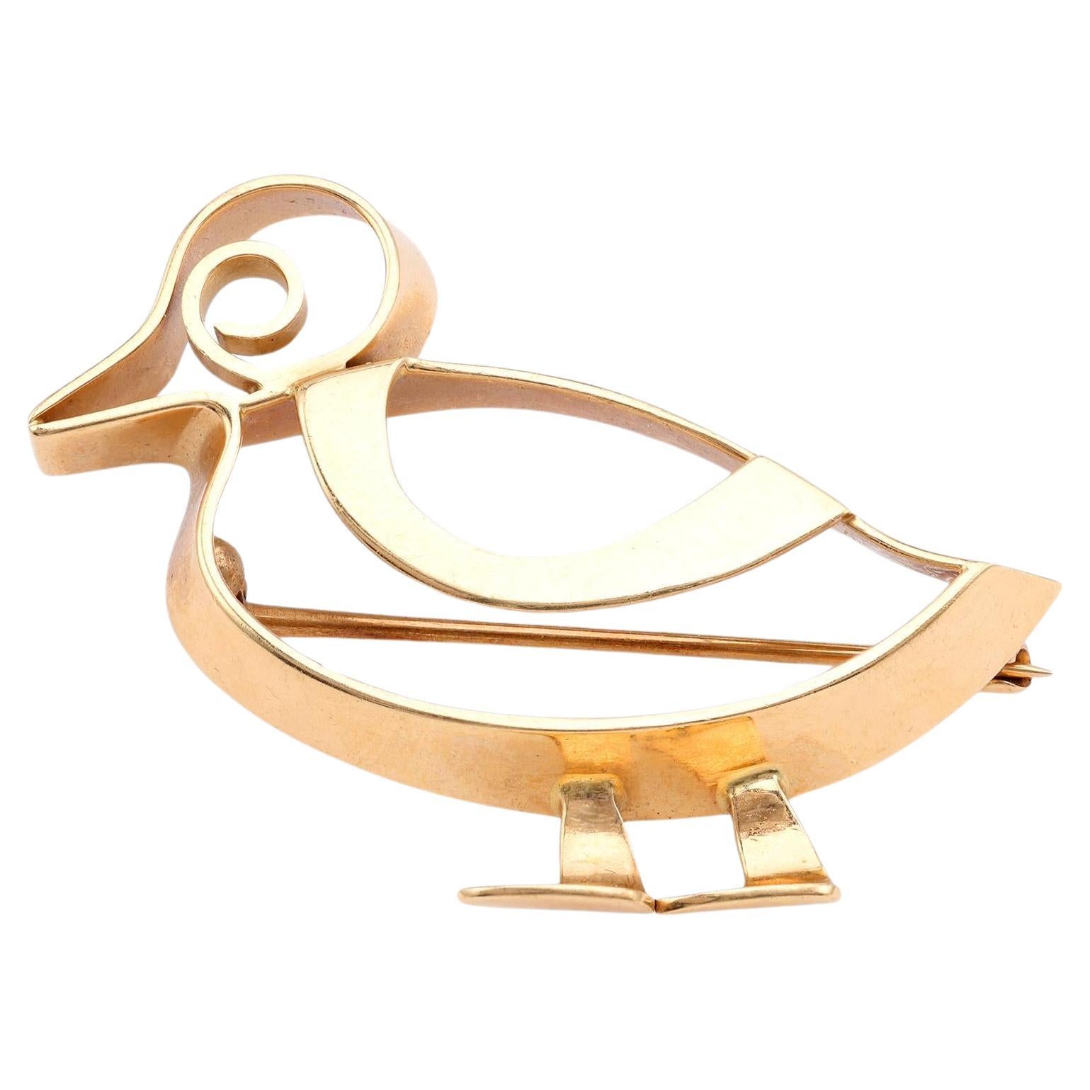 Vintage Tiffany and Co 14K Yellow Gold Duck Brooch For Sale at 1stDibs