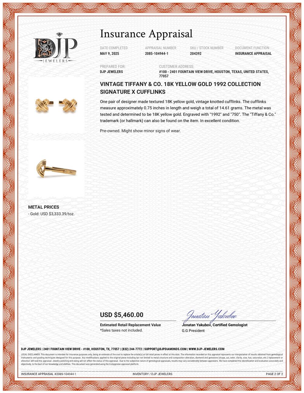 Vintage Tiffany and Co. 18K Yellow Gold 1992 Collection Signature X ...