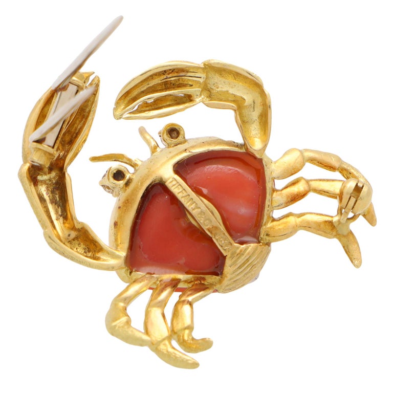 Vintage Tiffany and Co. Coral and Diamond Crab Brooch Pin Set in 18k ...