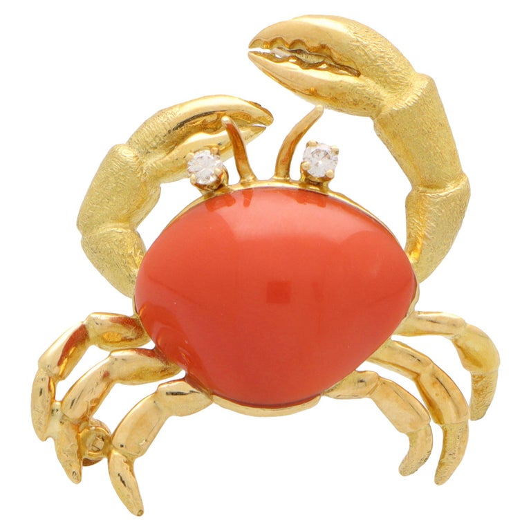 Vintage Tiffany and Co. Coral and Diamond Crab Brooch Pin Set in 18k ...