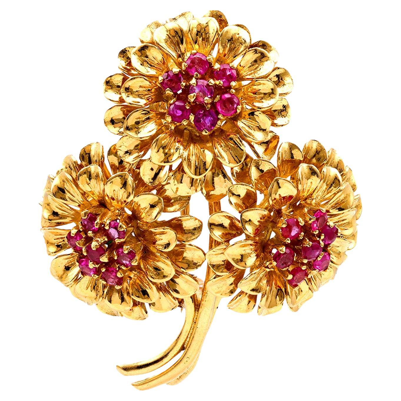 Vintage Tiffany and Co Ruby 18K Yellow Gold Flower Bouquet Brooch For ...
