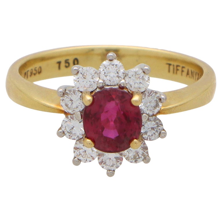 Vintage Tiffany and Co. Ruby and Diamond Cluster Ring Set in Gold and ...