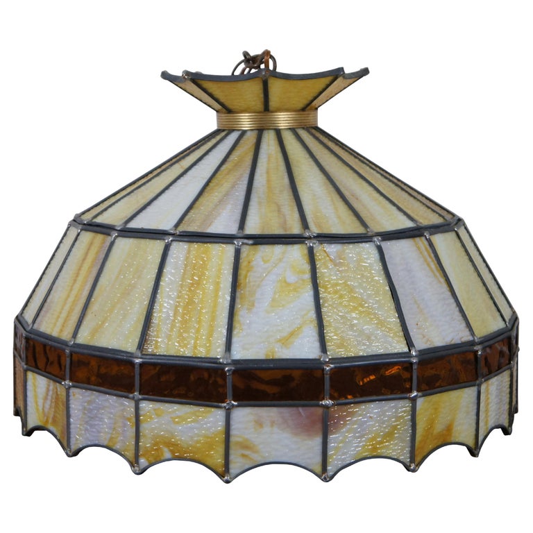 Vintage Tiffany Style Leaded Slag Glass Swag Pendant Light Yellow Amber ...
