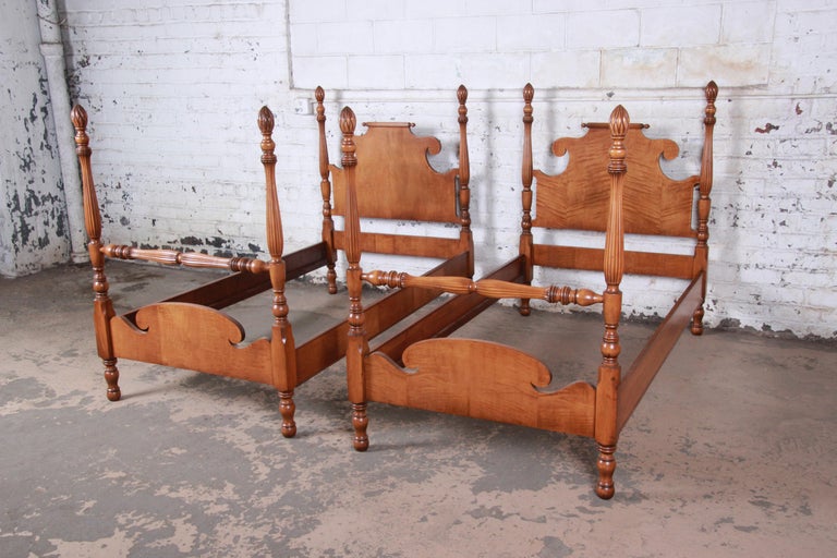 Vintage Tiger Maple Twin Pineapple Poster Beds, Pair at 1stDibs