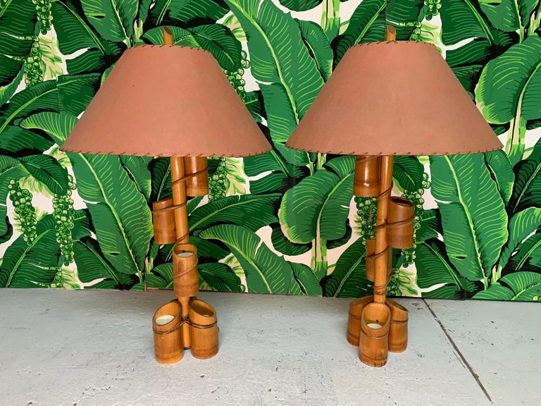 Vintage Tiki Style Rattan and Bamboo Table Lamps For Sale at 1stDibs