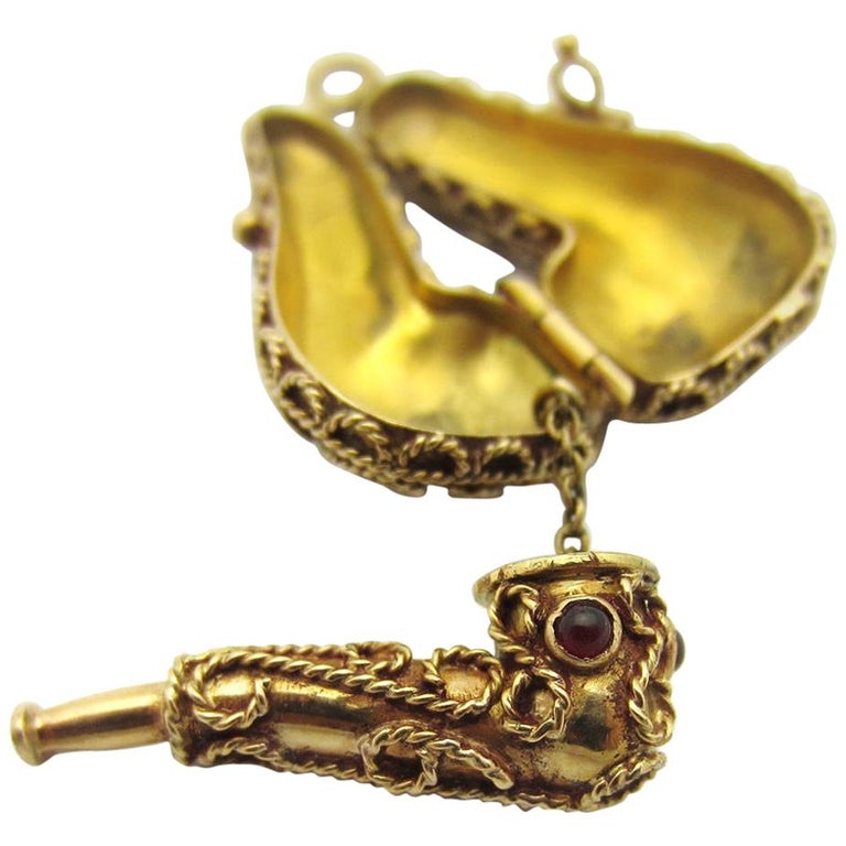 Vintage Tobacco Pipe with Filigree Case 19 Karat Gold Articulated Charm ...