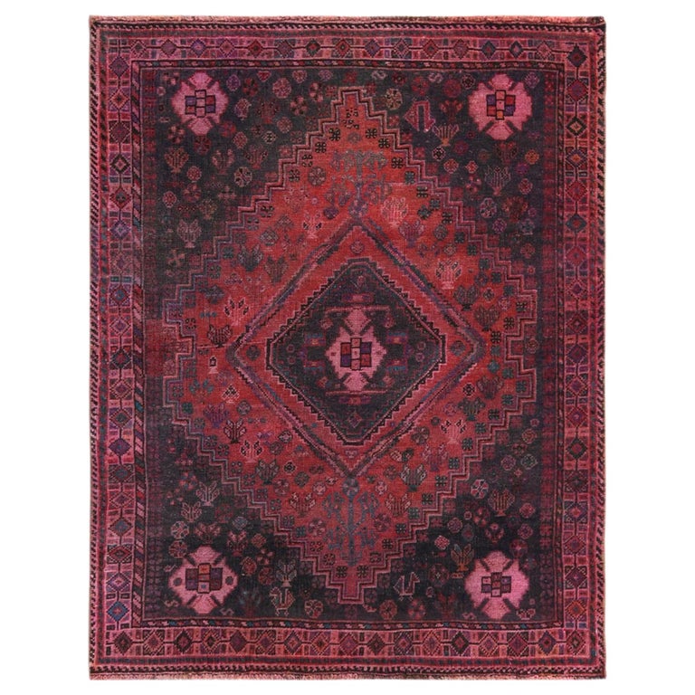 Vintage Tomato Red with Pink Persian Shiraz Cropped Thin Hand Knotted ...