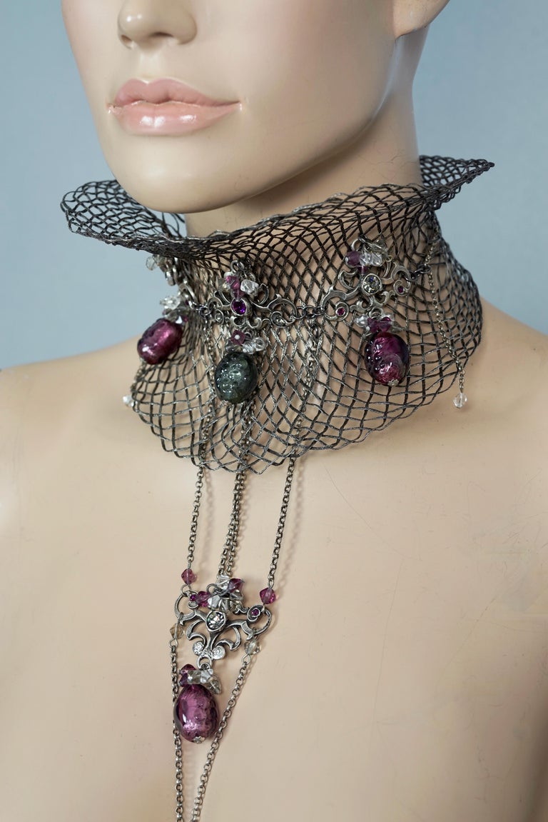 Vintage TON PASCAL Jewelled Baroque Mesh Cascading Chain Collar Choker ...