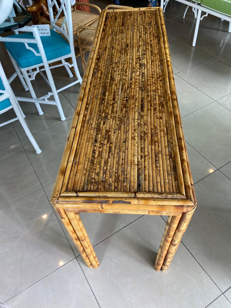 Vintage Tortoise Bamboo Reed Console Sofa Entry Table For Sale at 1stDibs