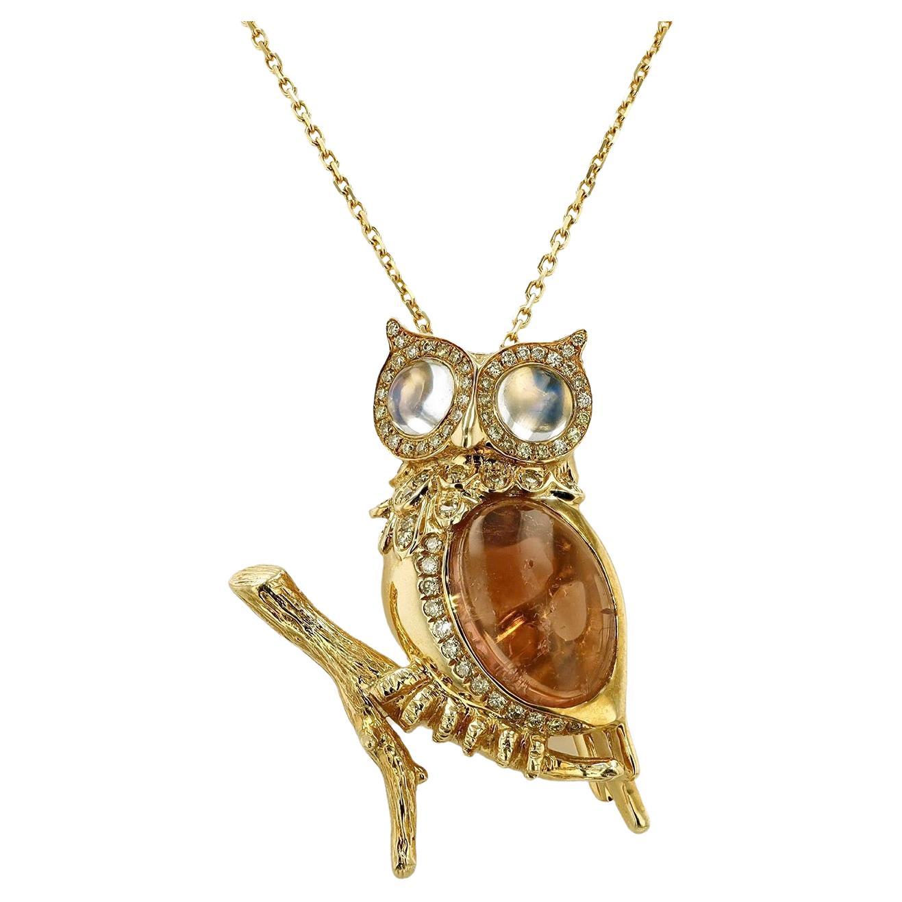 Moonstone Onyx Citrine Gold Owl Pendant at 1stDibs