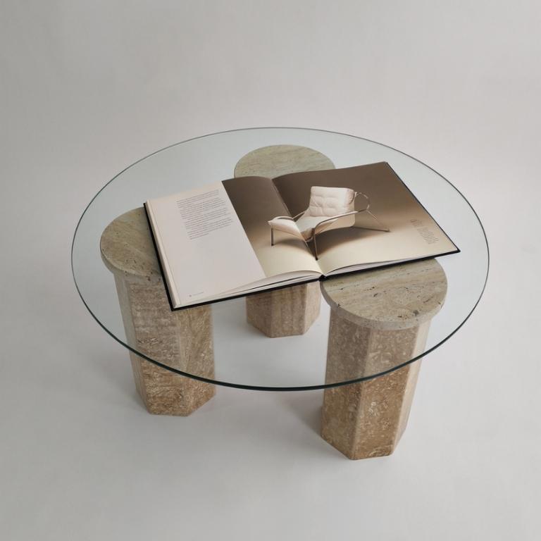 Vintage Travertine Stone Pillar Glass Top Coffee Table For Sale at 1stDibs