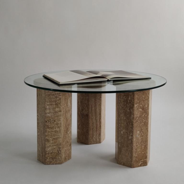 Vintage Travertine Stone Pillar Glass Top Coffee Table For Sale at 1stDibs