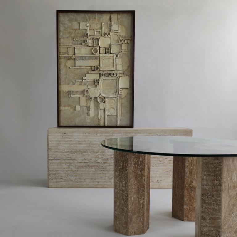 Vintage Travertine Stone Pillar Glass Top Coffee Table For Sale at 1stDibs