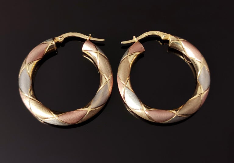 Vintage Tri Colour Gold Hoop Earrings, Italian, Engraved For Sale at ...