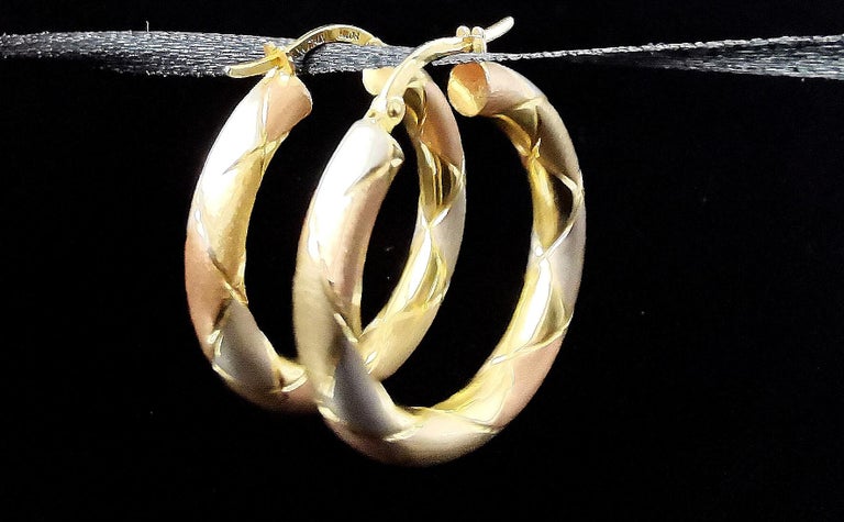 Vintage Tri Colour Gold Hoop Earrings, Italian, Engraved For Sale at ...