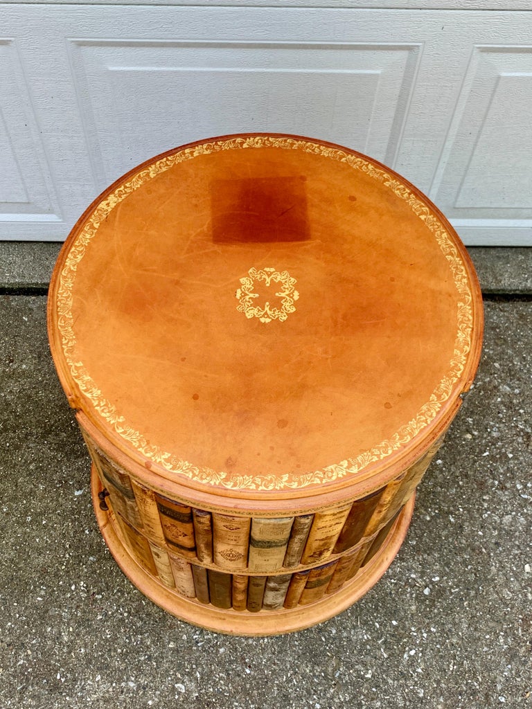 Vintage Trompe L'oeil Embossed Leather Faux Books Round Side Table For ...