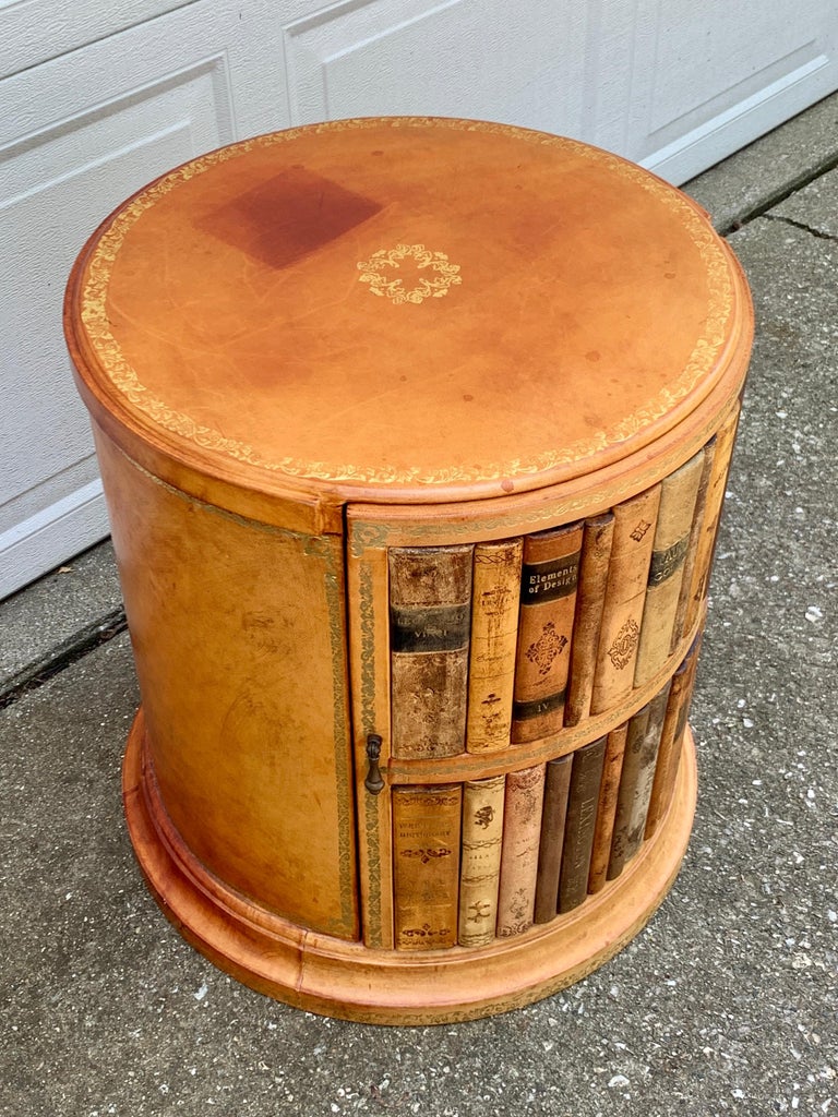 Vintage Trompe L'oeil Embossed Leather Faux Books Round Side Table For ...