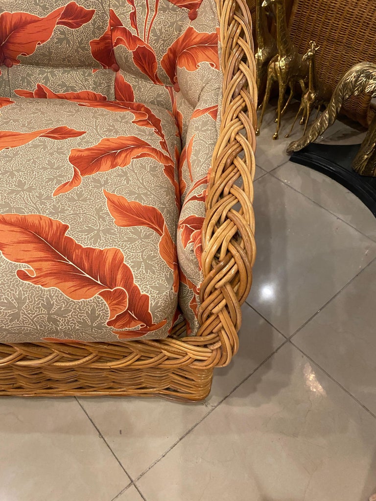 Vintage Tropical Leaf Palm Beach Braided Wicker Arm Lounge Chair by ...