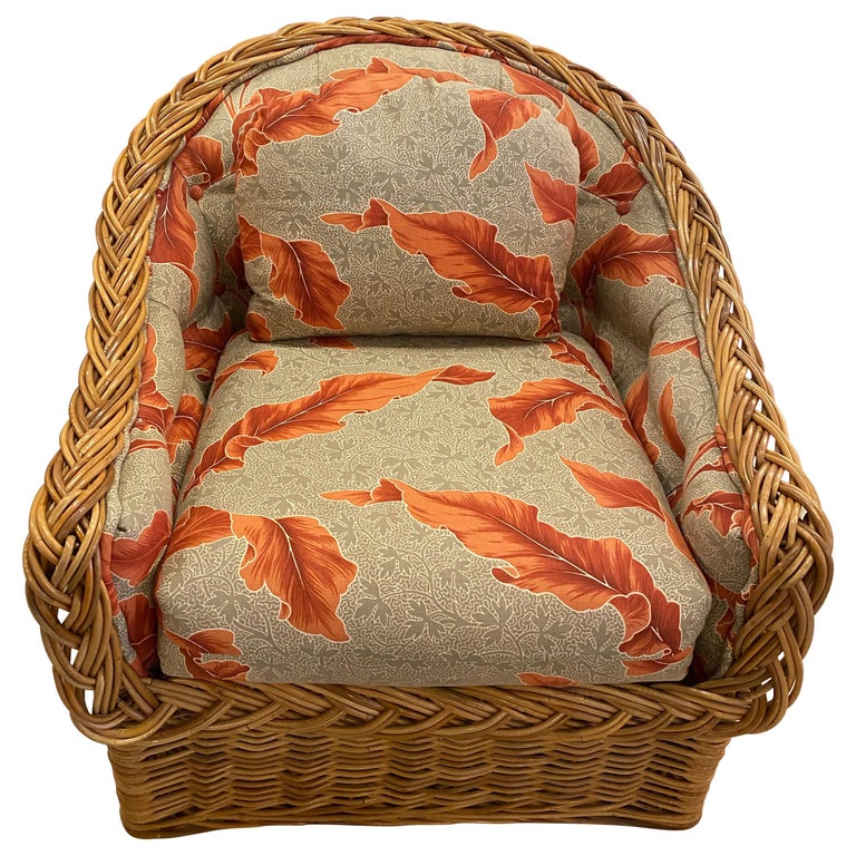 Vintage Tropical Leaf Palm Beach Braided Wicker Arm Lounge Chair by ...