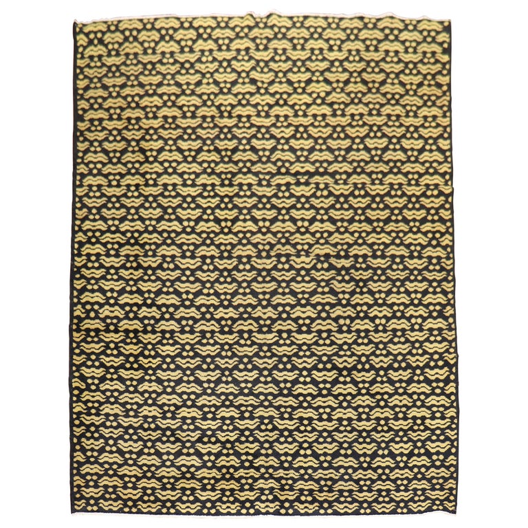 Vintage Turkish Black and Yellow Deco Rug For Sale at 1stDibs