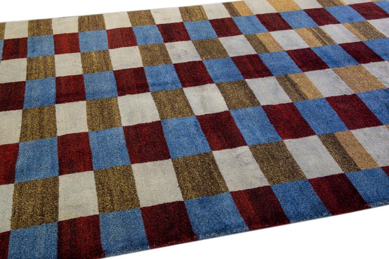 Vintage Turkish Deco Handmade Multicolor Checkered Pattern Wool Rug at ...