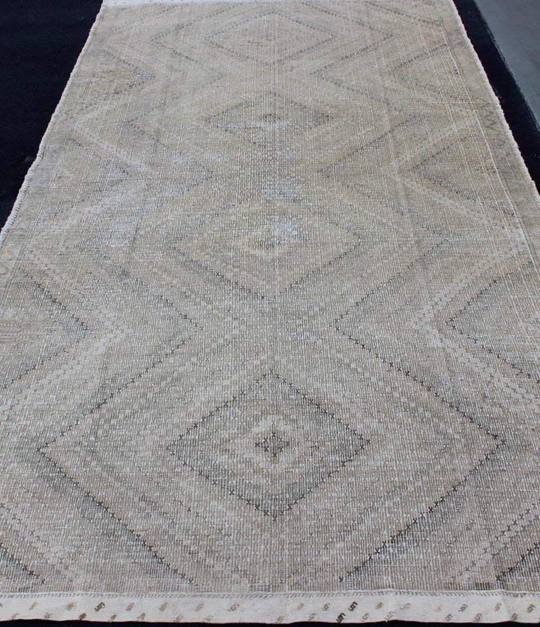 Vintage Turkish Embroidered Flat-Weave Rug with Neutral-Toned Geometric ...