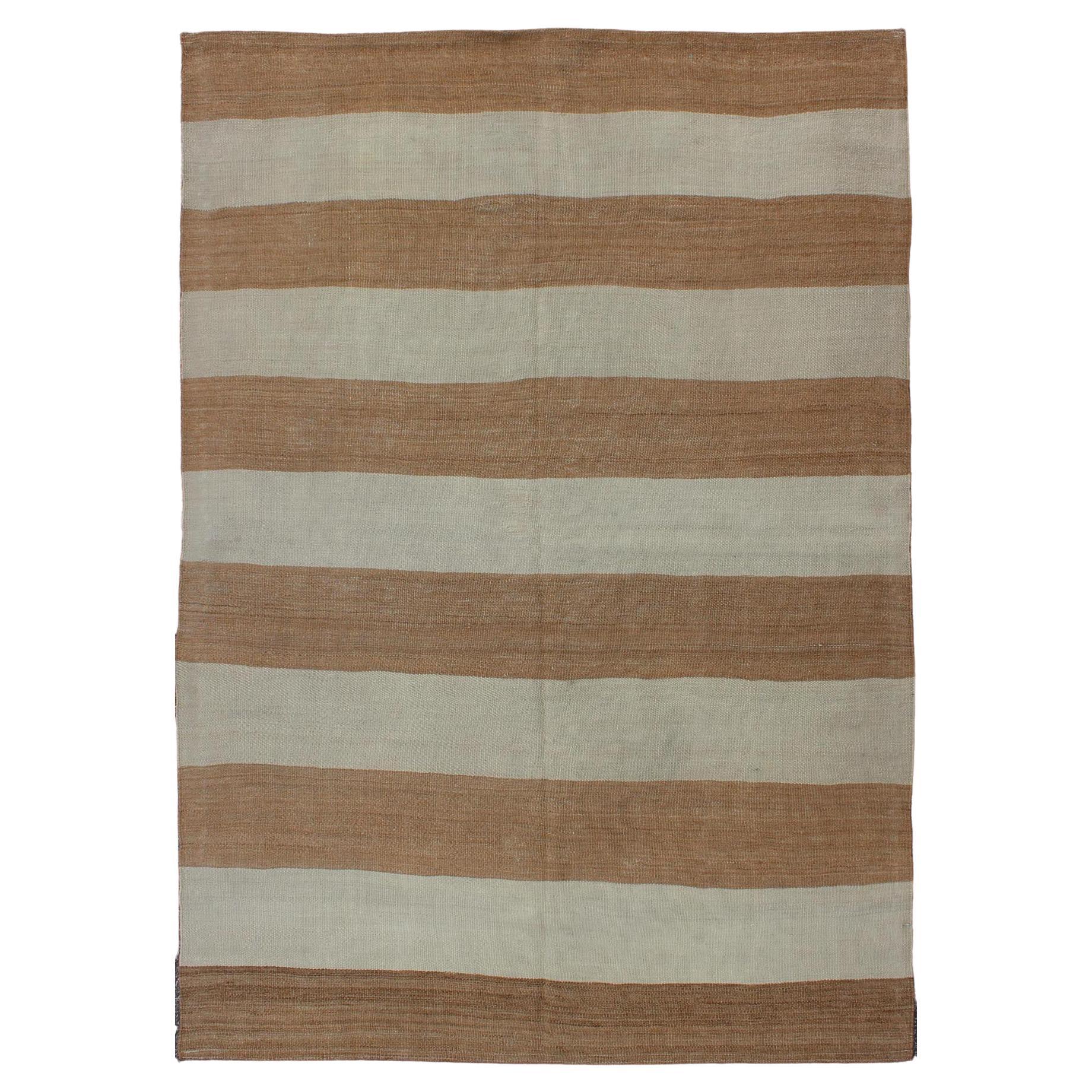 Modern Brown and Tan Striped Turkish Kilim Rug For Sale at 1stDibs