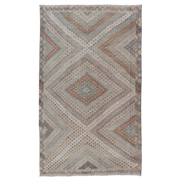 Vintage Turkish Hand Woven Embroidered Kilim Rug with Diamond Design ...