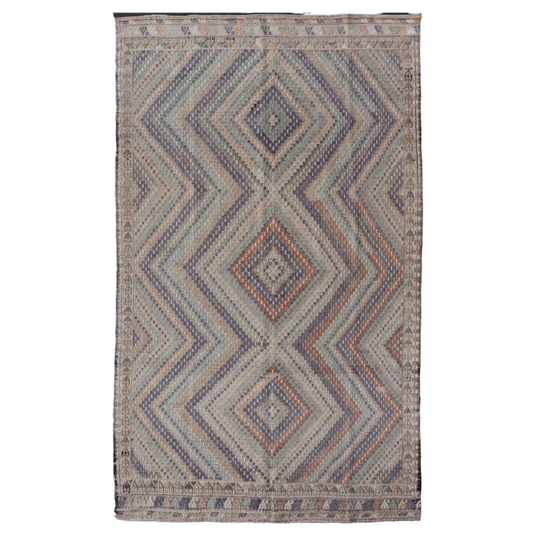 Vintage Turkish Hand Woven Embroidered Kilim Rug with Diamond Design ...