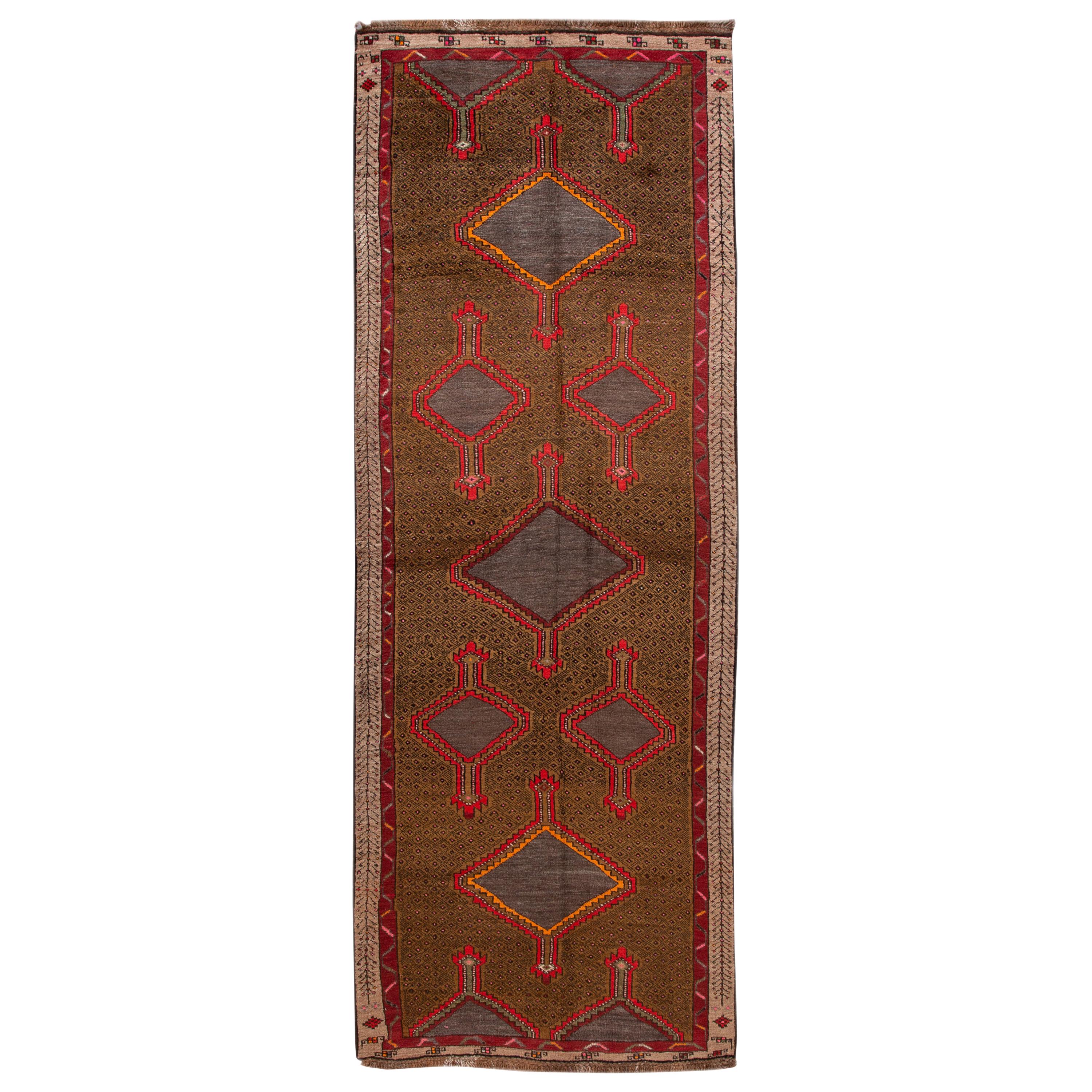 Vintage Brown Tribal Turkish Runner Rug For Sale at 1stDibs
