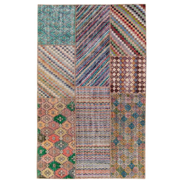 Vintage Turkish Handmade Patchwork Design Wool Rug For Sale at 1stDibs