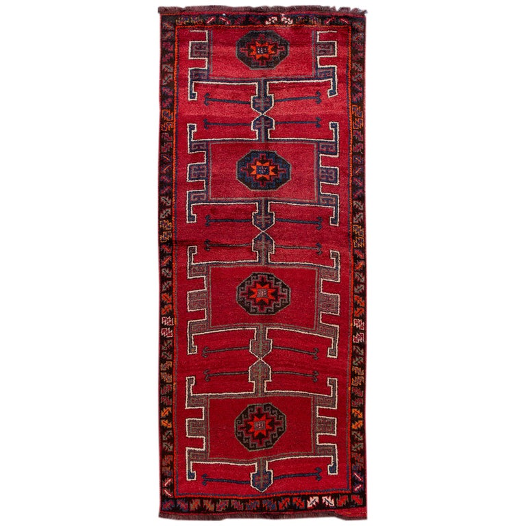 Vintage Turkish Handmade Red Tribal Wool Runner For Sale at 1stDibs