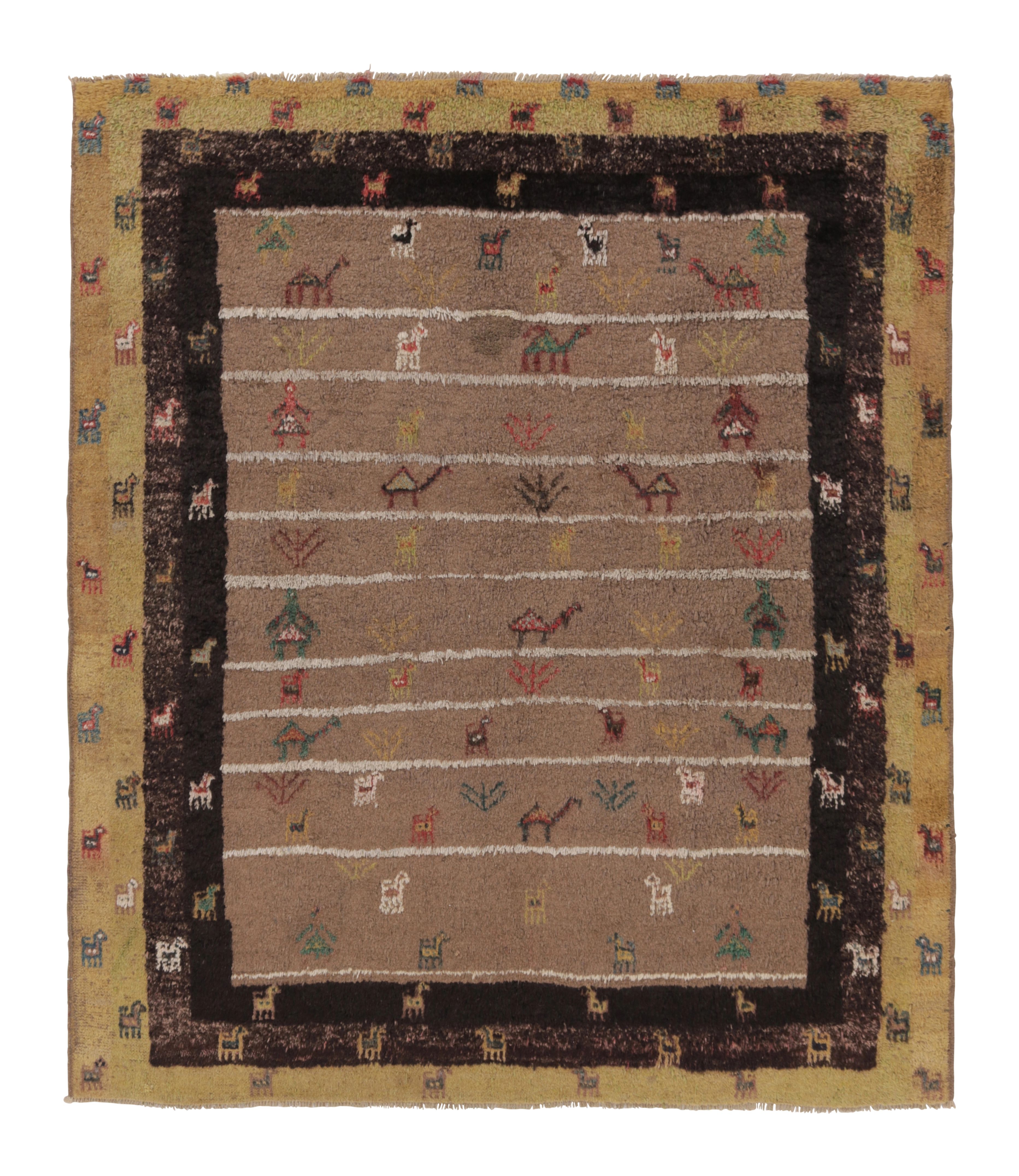 1970s Brown Vintage Animal Design Folk Art American Hooked Carpet Wool ...