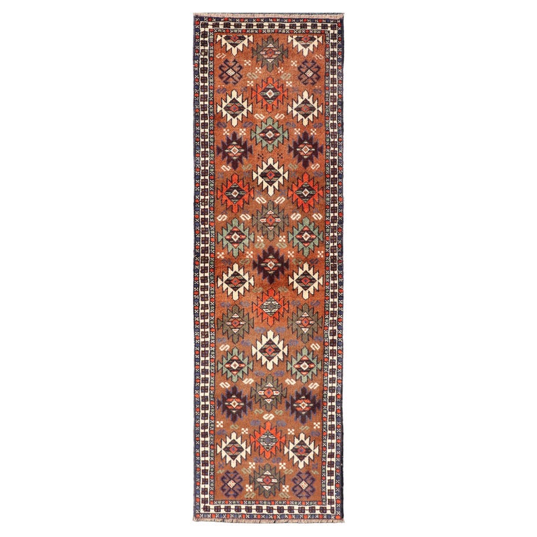 Vintage Turkish Kars Runner with Tribal Motif Design in Orange-Brown ...
