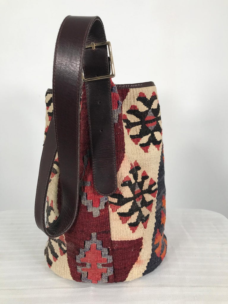 Vintage Turkish Kilim Rug with Leather Bucket Shoulder Bag For Sale at ...