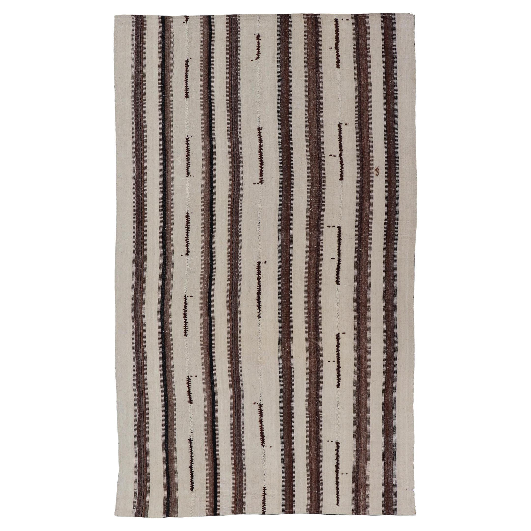 Light Green, Light Brown, Tan and Taupe Vintage Turkish Striped Kilim ...