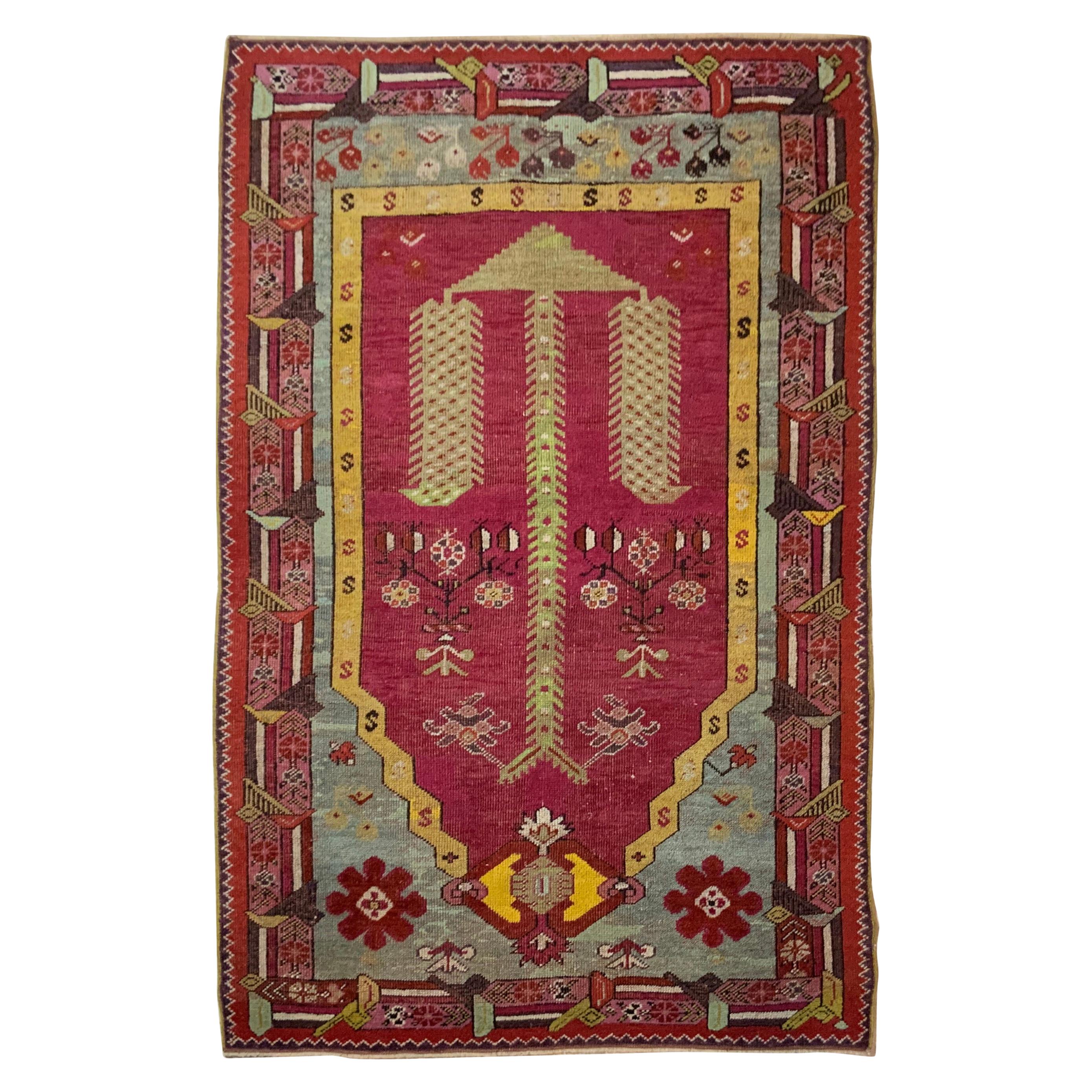 Vintage Turkish Oushak Accent Rug, Turkish Prayer Rug, Entry or Foyer ...