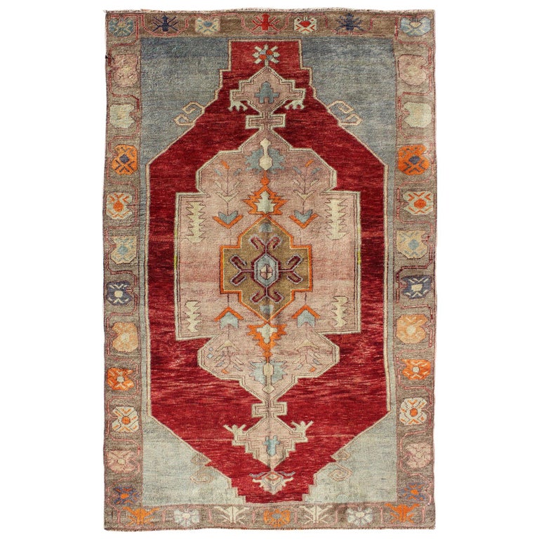 Vintage Turkish Oushak Rug with Tribal Medallion in Deep Red and Multi ...
