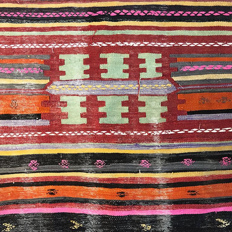 Vintage Turkish Oushak Striped Rug in Pink Orange Black Green and ...