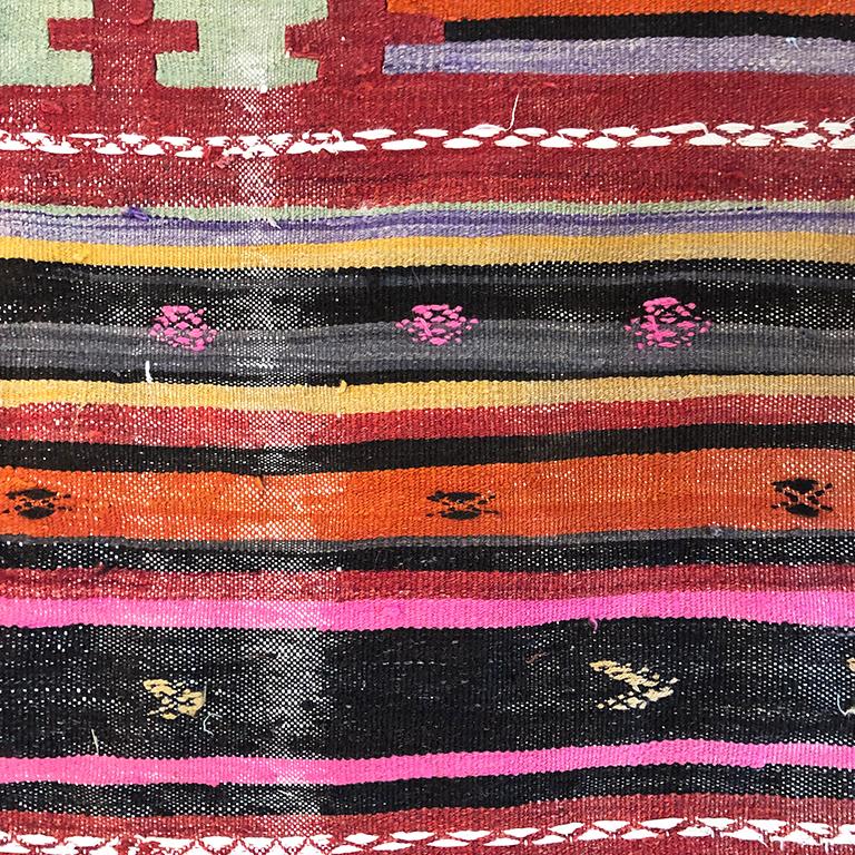 Vintage Turkish Oushak Striped Rug in Pink Orange Black Green and ...