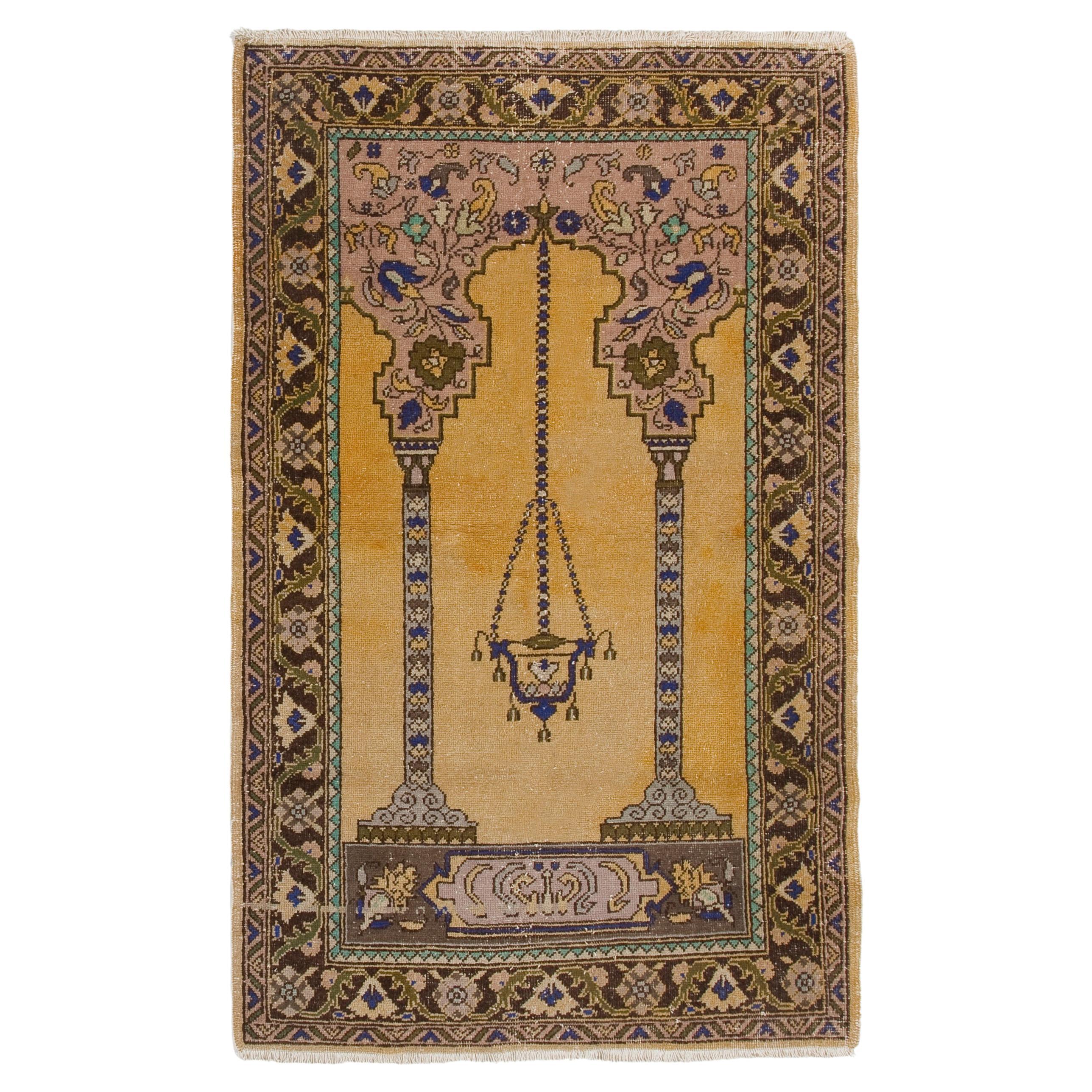 3.2x5.3 Ft Vintage Prayer Rug Depicting a Chandelier, Couple of Columns ...