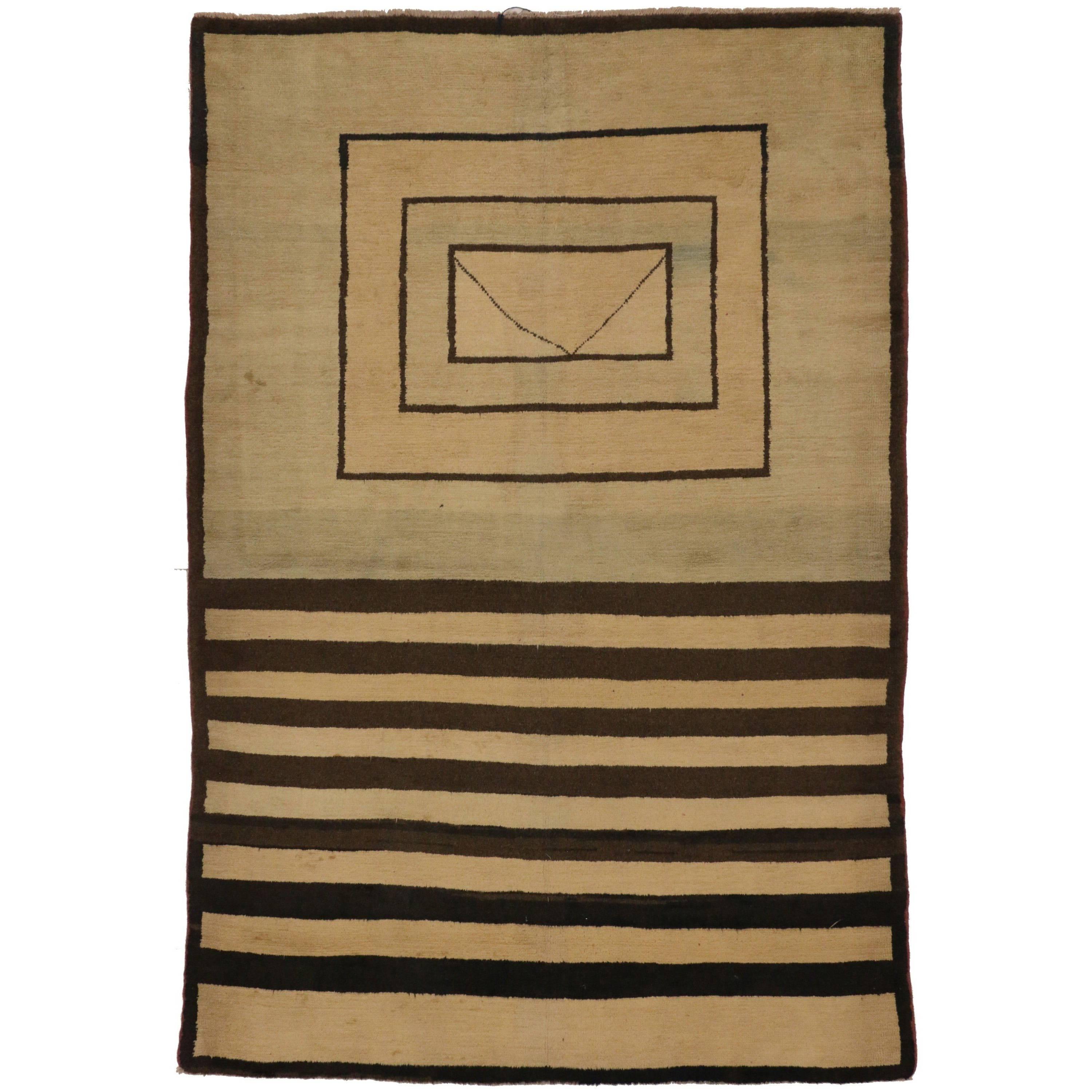 Yellow Background Vintage Turkish Mid-Century Modern Rug with Geometric ...