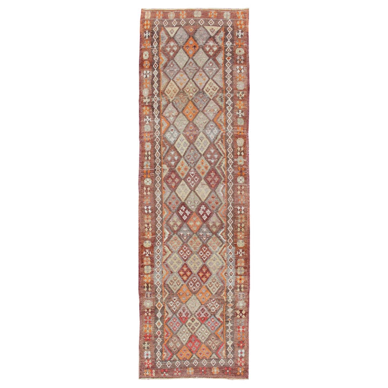 Vintage Turkish Runner with All-Over Diamond Kurdish Design in Multi ...